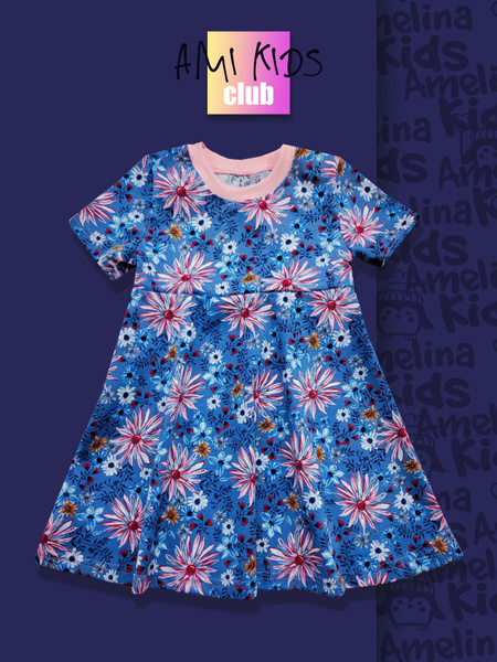 Платье Девочки Ami Kids Club синий лён Повседневный Короткий Хлопок ...