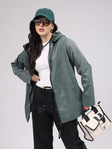 Ветровка Женский Jyldyz темно-зеленый капюшон Плащевка, размер 62 Длинный Демисезон оверсайз ...