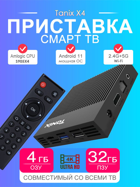 Приставка для цифрового Смарт ТВ Tanix X4 4/32 Гб Amlogic S905X4 Android 11 к телевизору ...