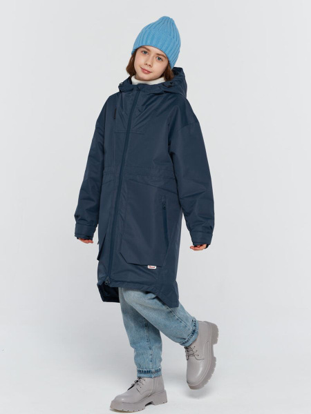Плащ Девочки OLDOS темно-синий, синий Длинный капюшон Карманы, Капюшон, размер 134 Полиэстер ...