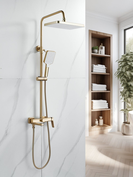 Душевая система с тропическим душем, изливом и лейкой Shevanik S9936G, золотой сатин купить на ...