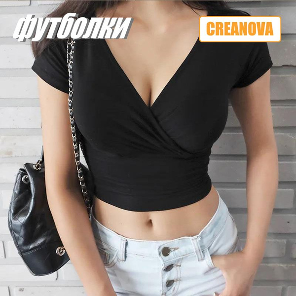 Футболка Женский CREANOVA черный Короткий, размер 42 Политекс Повседневный Китай купить c ...
