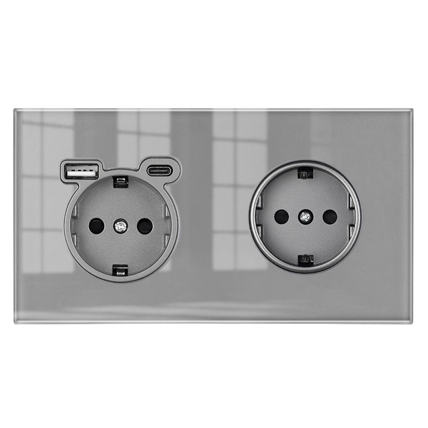 Розетка двойная электрическая с 2 Usb Type A Type C с заземлением панель закаленное стекло