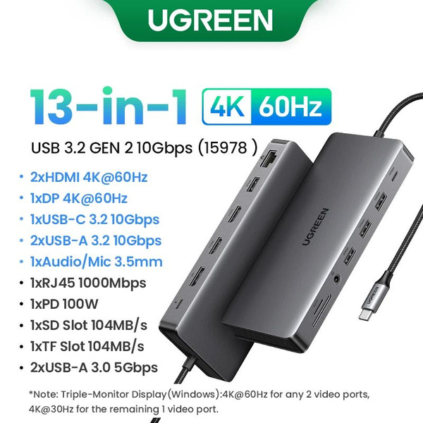Хаб UGREEN 13 в 1 4 дисплея USB3.2x2 USB-C3.2 USB3.0x2 HDMI60Hzx2 ...