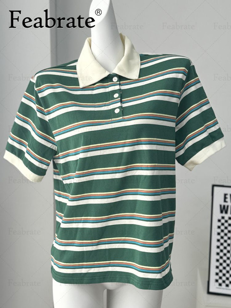 Поло Женский Feabrate зеленый Короткий, размер 46 Хлопок, Поролон Полоска свободный Китай купить ...
