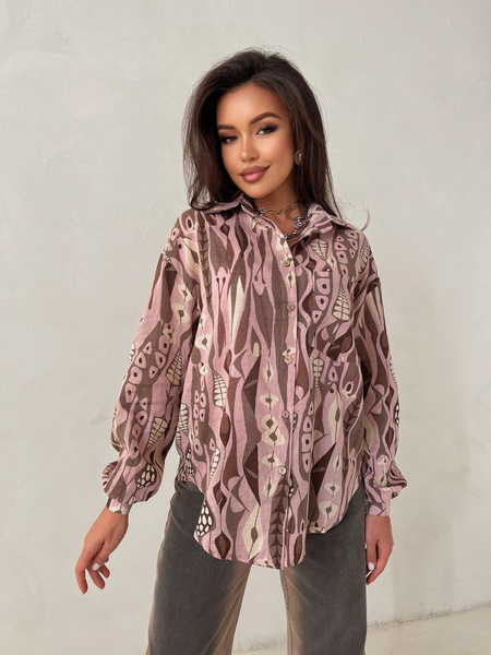 Рубашка Женский HELLO MODA! сиреневый, коричневый Длинный Хлопок Абстракция, Разноцветный ...