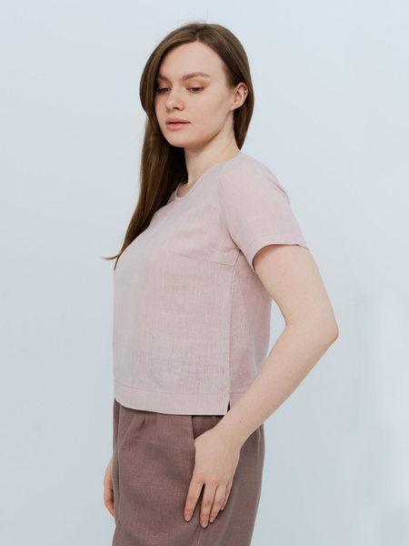 Блузка Женский TRANGO пудровый Лен Короткий Однотонный, размер 42 свободный Без застежки ...