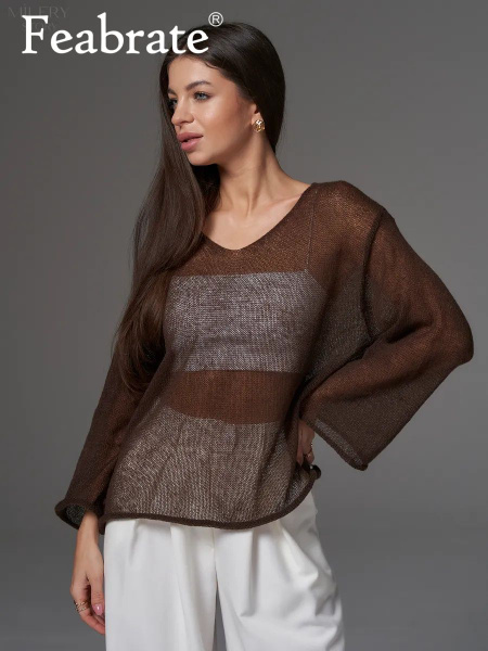 Джемпер Женский Feabrate коричневый Полиэстер FR, размер 44 трапеция Длинный Китай прозрачная ...