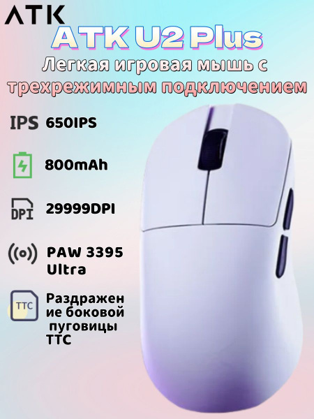 Игровая мышь беспроводная ATK беспроводная U2 , белый, черный матовый,atk u2 купить c доставкой ...