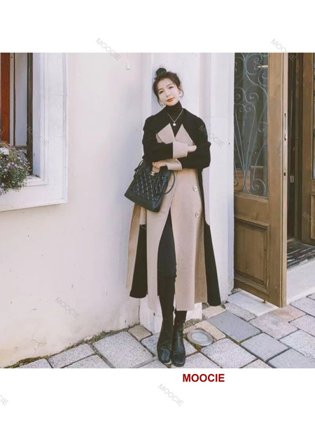 Пальто Женский MOOCIE Манжеты, Бахрома коричневый мрамор V-образный Полиэфирный шелк Длинный ...