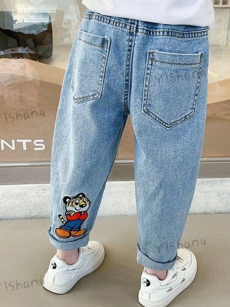 Джинсы Мальчики, Девочки BCATON светло-бежевый Хлопок, размер 130 облегающий Средняя, рост 100 ...