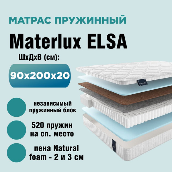 Матрас MaterLux пружинный ELSA 10044E-120, Независимые пружины, 90 ...