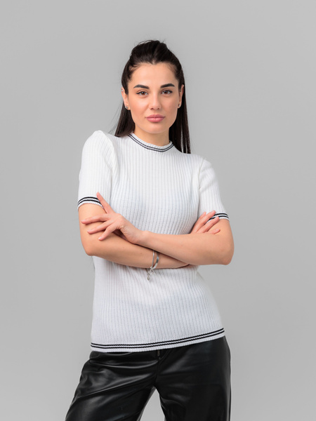 Поло Женский Sali Moda белый Короткий, размер 46 Акрил полуприталенный В рубчик Офисный/школьный ...