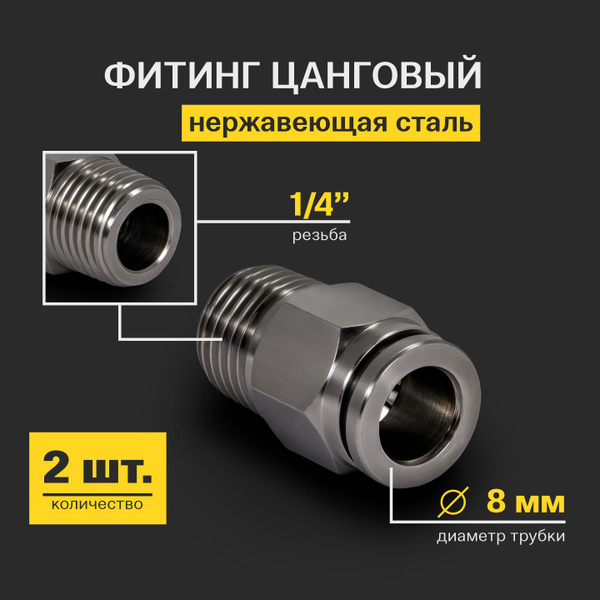 Фитинг цанговый прямой из нержавеющей стали (наружная резьба) 1/4", 8 ...