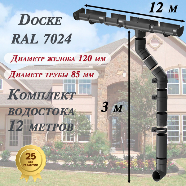 Водосточная система ( 120мм/85мм ) Docke Premium 12 м серый (варианты: 9м+3м или 6м+6м) водосток ...