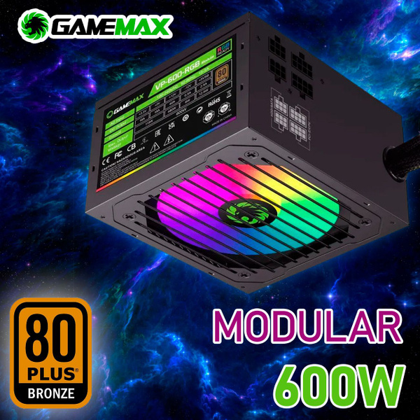 Блок питания GameMax VP-600-RGB-MODULAR (Черный 600W Bronze 120мм 20+4pin 4+4pin(CPU) 2*6+2pin ...