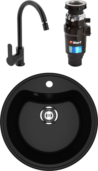 Комплект Мойка кухонная Ulgran U-601 -344 ультра-черная / Смеситель MEGA City MG-ZRV102-b черный ...