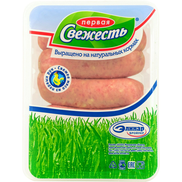Характеристики Колбаски куриные ПЕРВАЯ СВЕЖЕСТЬ для жарки с сыром, 500г ...