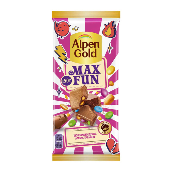 Шоколад молочный Alpen Gold Max Fun с арахисом, шоколадным драже и ...
