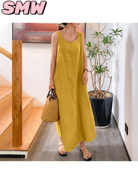 Новое простое хлопковое льняное платье большого размера без рукавов с круглым вырезом, S-5xl ...