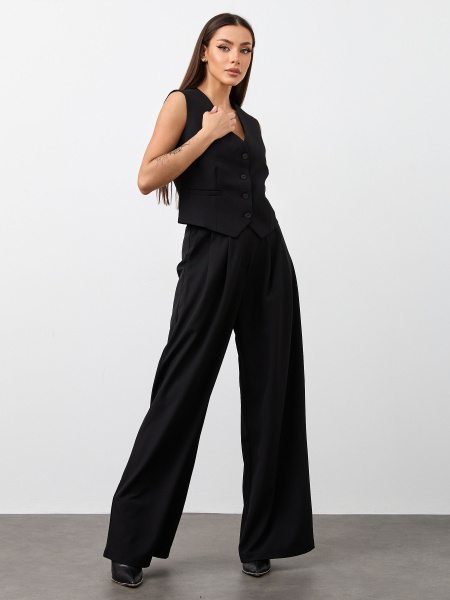 Костюм классический Женский k.mou Офисный/школьный брючный, двойка черный, размер 44 Полиэстер ...