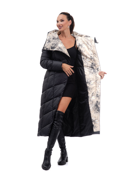 Пуховик Женский Rosso Style синий космос капюшон Плащевка, размер 44 Длинный Зима Био-пух Россия ...