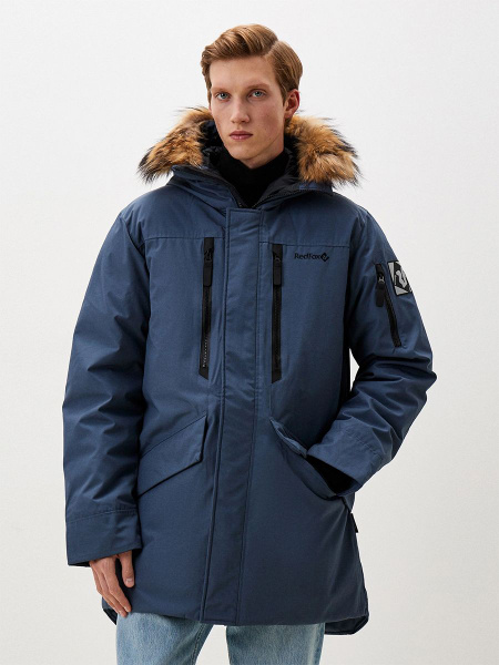 Пальто пуховое Мужской RedFox Капюшон, Карманы синий круглый Полиэстер, Хлопок, размер 44, 46 ...