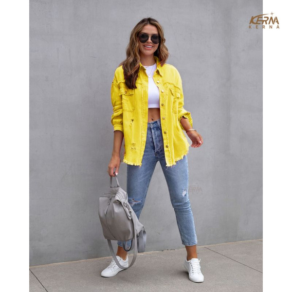 Куртка джинсовая Женский KERNA Карманы желтый пиджачный Джинс, размер 56, 58 Длинный Демисезон ...