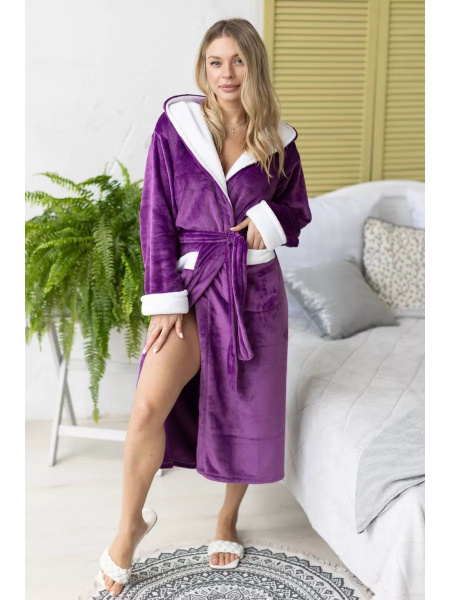 Халат Женский GoldenFashion Домашний Капюшон сиреневый, белый Пояс ...