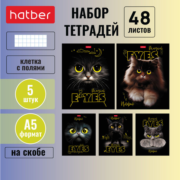 Набор тетрадей Hatber 5 штук/5 дизайнов 48 листов, в клетку на скобе матовая ламинация 3D лак ...