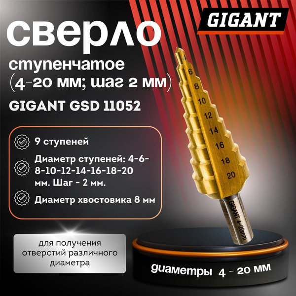 Сверло ступенчатое (4-20 мм; шаг 2 мм) Gigant GSD 11052 купить на OZON по низкой цене (1570801349)