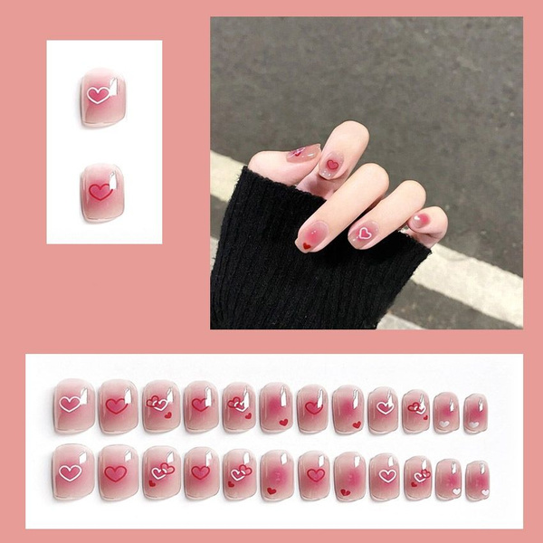 Накладные ногти с дизайном 24 шт клей с клеем длинные с сердечками