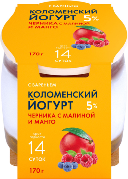 Йогурт КОЛОМЕНСКИЙ Черника, малина и манго 5%, без змж, 170г купить на ...