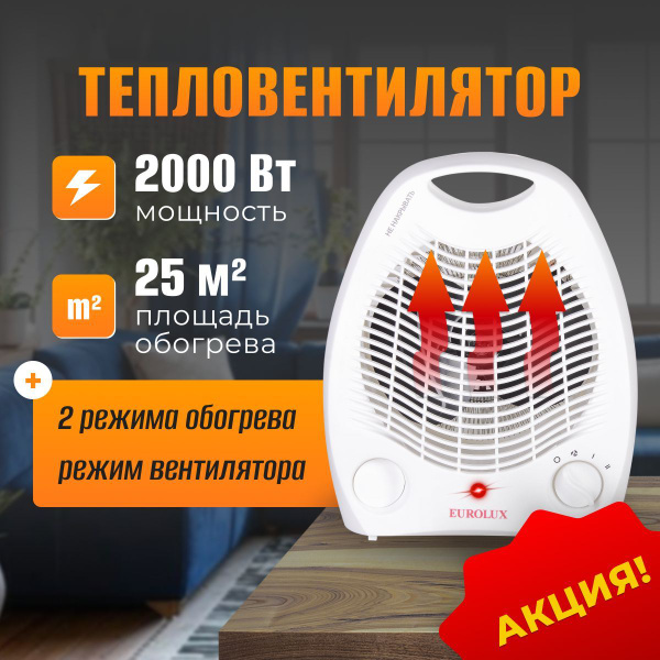 Тепловентилятор 2000Вт, Eurolux, 3 режима, обогреватель для дома, напольный купить на OZON по ...