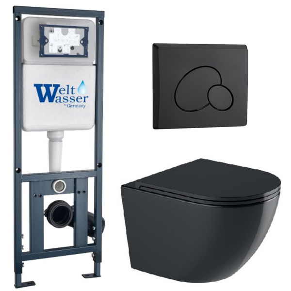 Инсталляция с унитазом комплект 6 в 1: унитаз черный Merzbach 043 GL-BL, инсталляция Marberg 410 ...