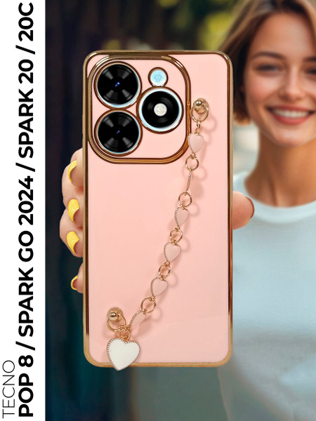Силиконовый чехол на Tecno Spark Go 2024 Spark 20 20c Pop 8 с цепочкой сердечки розовый