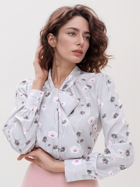 Блузка Женский Samos светло серый Текстиль Бант Длинный Однотонный размер 54 свободный Завязки