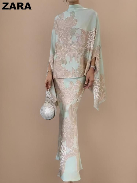 Комплект одежды Женский Zara Вечерний/праздничный светло-зеленый, размер 46 Полиэстер Орнамент ...