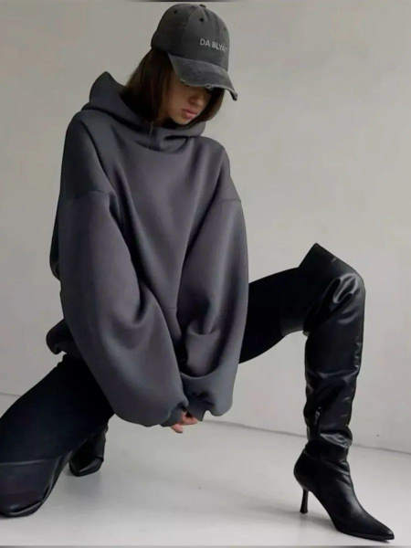 Худи Женский BLACK KOSMOS Карманы серый, графит Без застежки Хлопок, Флис, размер 48 оверсайз ...