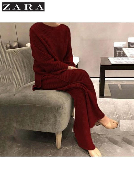 Комплект одежды Женский Zara Повседневный брючный, двойка винно-красный, размер 42 Политекс ...