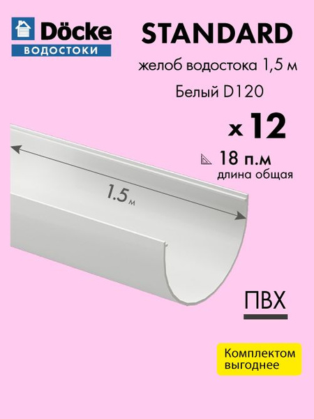 Желоб водосточный 1.5м Docke/Дёке (Standard 120/80), цвет - белый (Упаковка - 12 шт) - Водосток ...