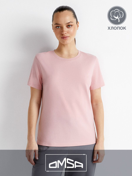 Футболка Женский Omsa розовый Короткий, размер 42 Хлопок Однотонный прямой Повседневный ...