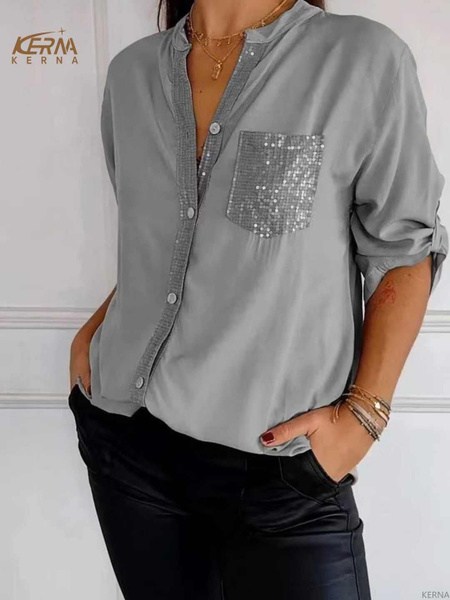 Рубашка Женский KERNA серый Длинный Полиэстер Пайетки Однотонный, размер 64, 66 прямой Пуговицы ...