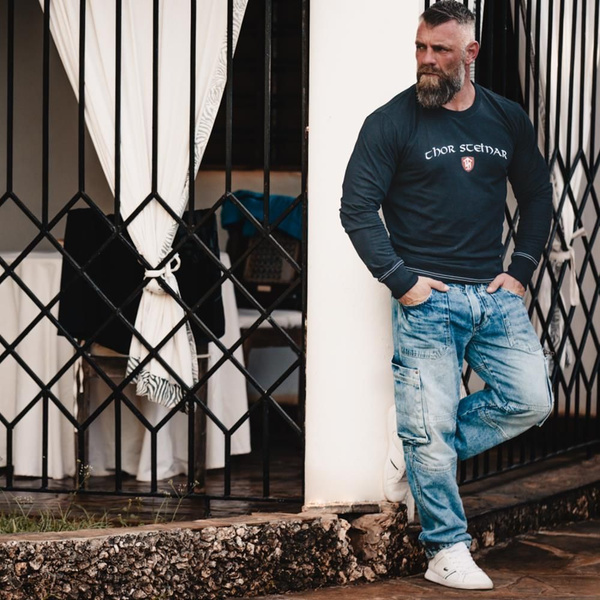 Лонгслив Мужской Thor Steinar черный Длинный, размер 48 Хлопок Манжеты, Нашивки полуприталенный ...