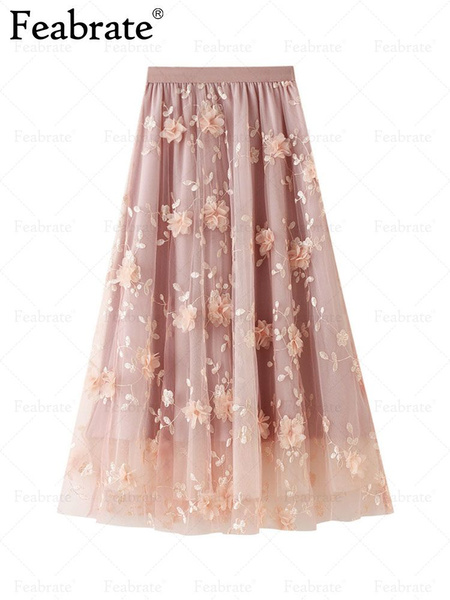 Юбка Женский Feabrate умеренный розовый Полиэстер FR плиссе, размер 44, 46 Вышивка Однотонный ...