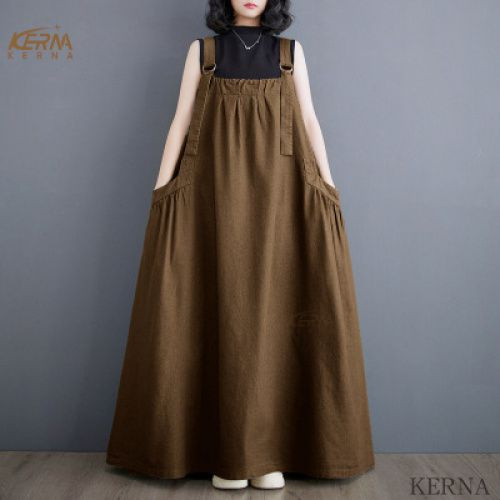 Сарафан Женский KERNA глубокий коричневый джинсовое Офисный/школьный Без рукавов Хлопок Погоны ...