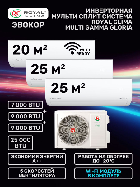 Инверторная мульти сплит-система ROYAL CLIMA MULTI GAMMA GLORIA на 3 комнаты (20м2 + 25м2 + 25м2 ...