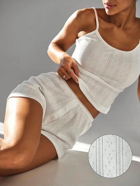 Пижама Женский Oysho с шортами Полиэфирное волокно, размер 44 Однотонный античный белый Без ...