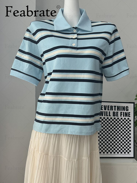 Поло Женский Feabrate голубой Короткий, размер 44 Хлопок, Поролон Полоска свободный Китай купить ...