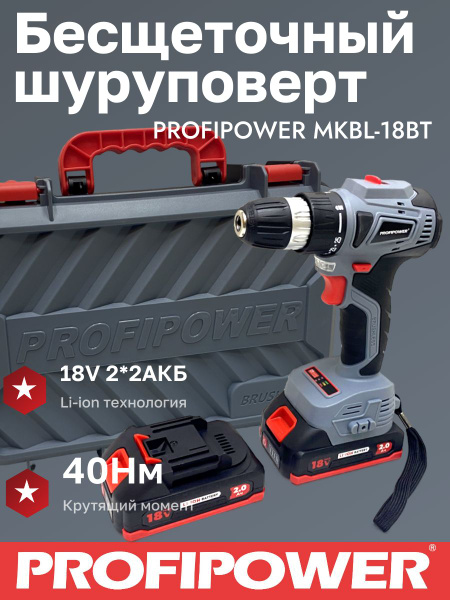 Аккумуляторный бесщеточный шуруповерт PROfipower 18V 2АКБ 2Ач 40НМ купить на OZON по низкой цене ...